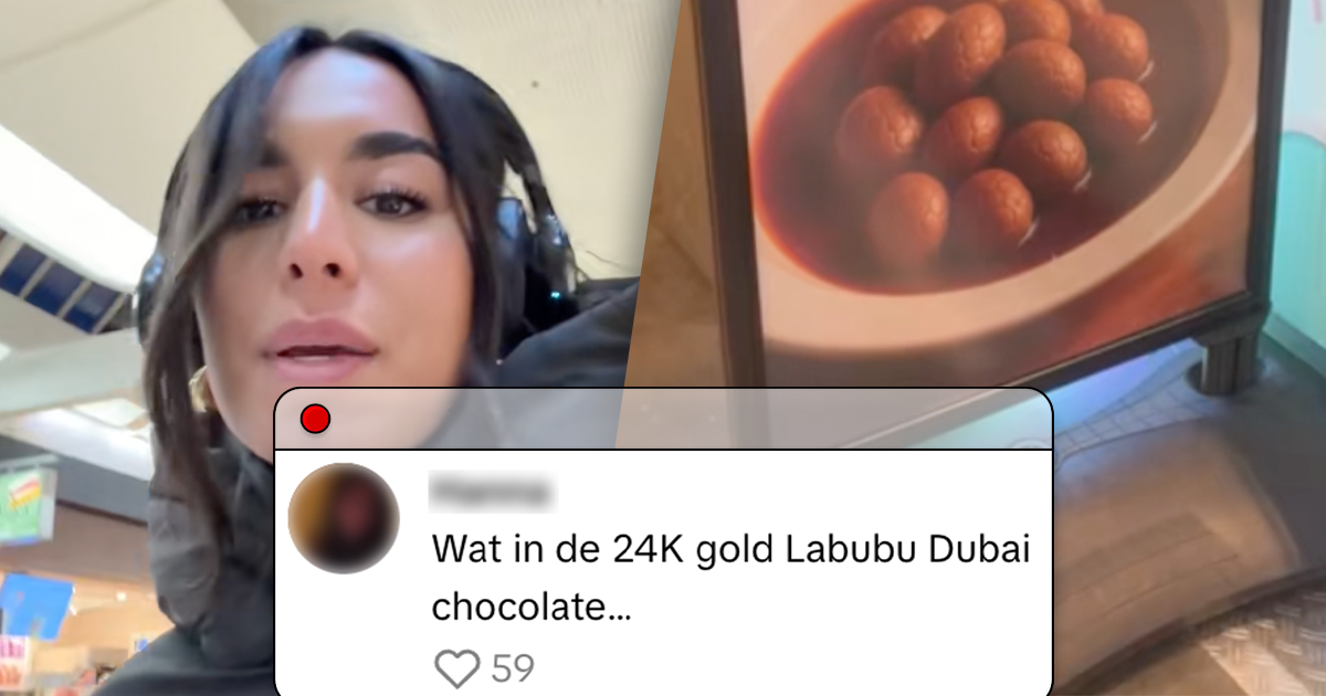 Vrouw ziet bord met nieuwe smaak paaseitjes Jamin en zoekt beef